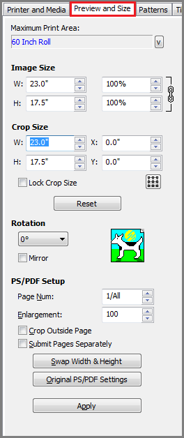 Preview and Size Tab